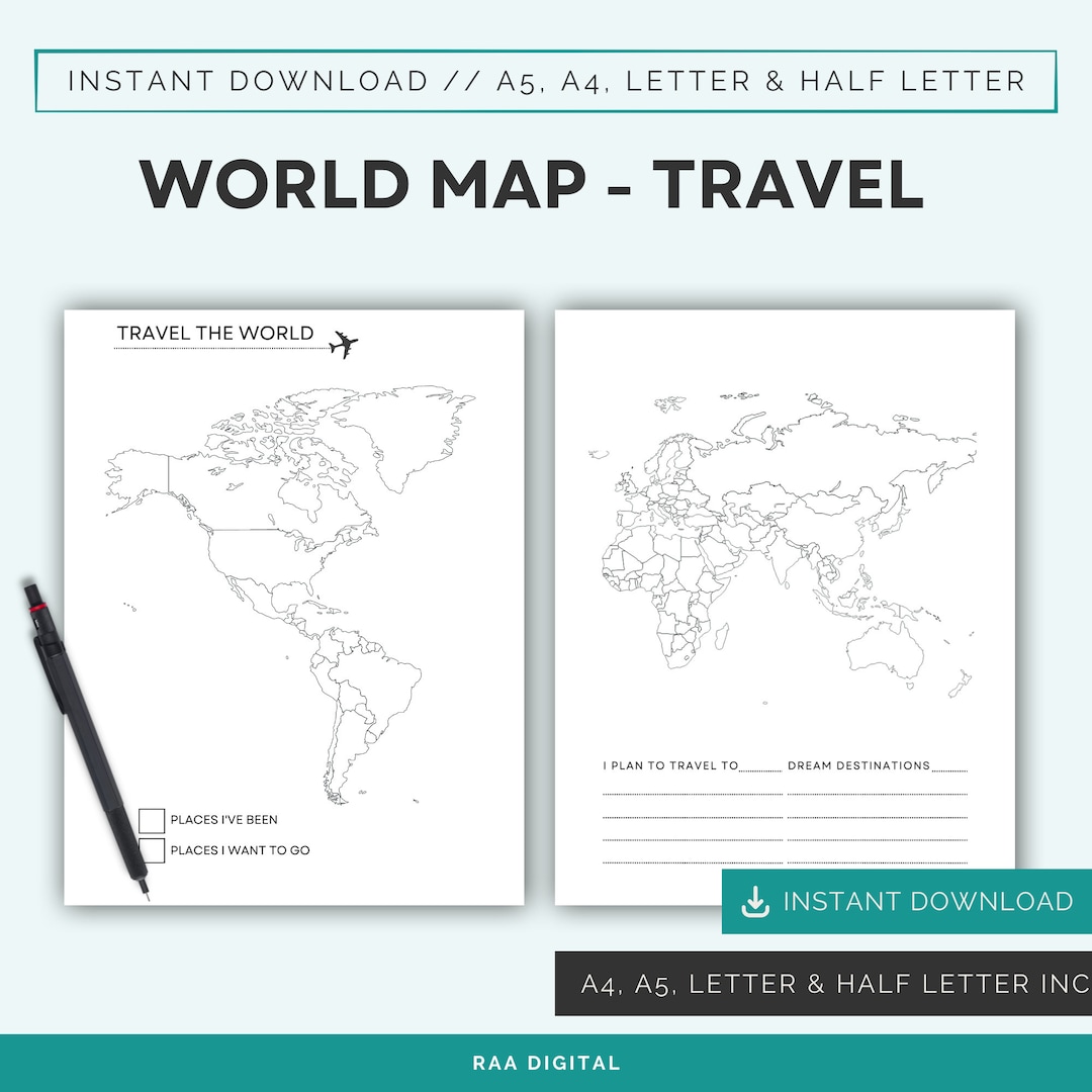 Blank Outline World Map Printable, Bucket List Travel Map, Travel Map ...