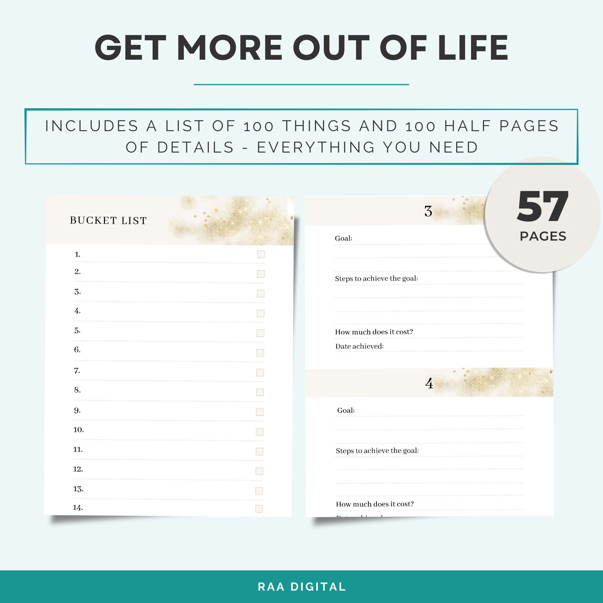 Bucket List Template, Printable Bucket List, Life Goals, 100 Things to ...