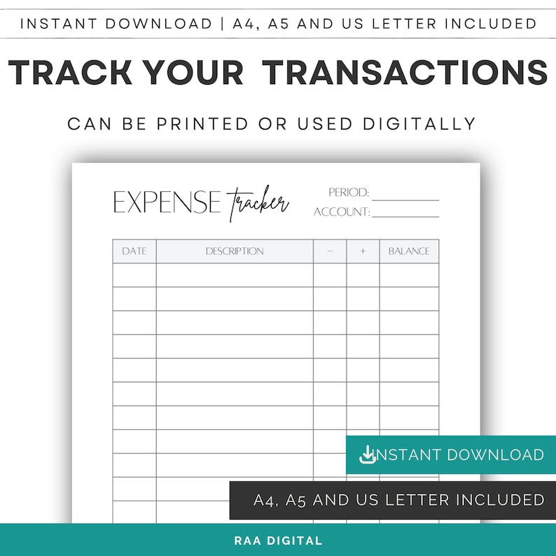 Expense Tracker Printable, Track Your Budget and Spending, Financial ...