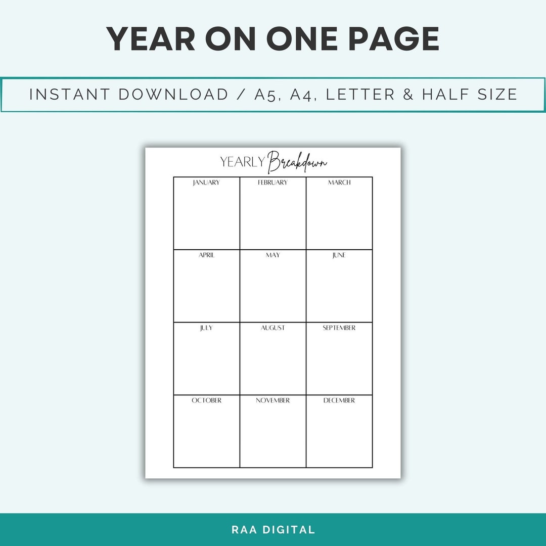 Year on One Page, Yearly Breakdown, Goal Setting, Yearly Calendar ...