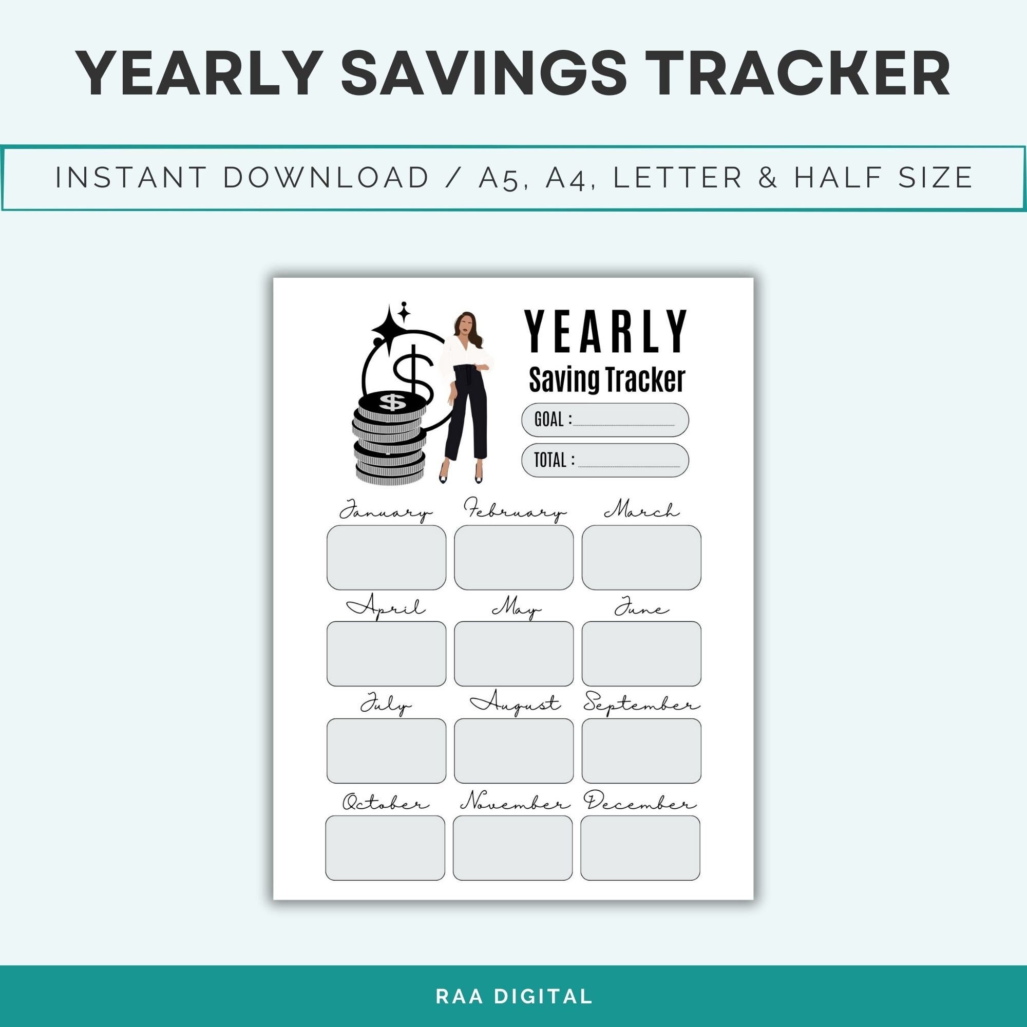 Yearly Savings Tracker, Printable Savings Overview, Financial Goals ...