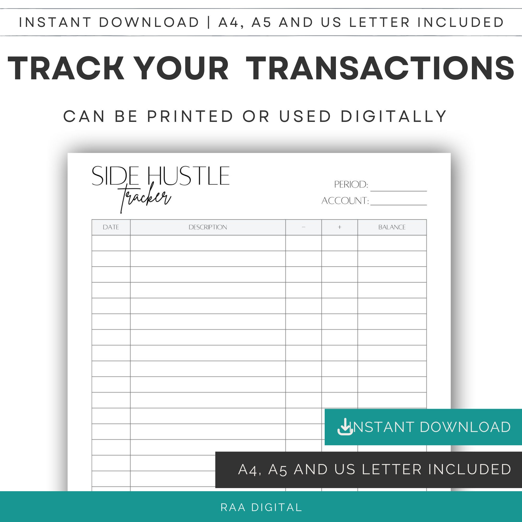 Expense Tracker Printable Side Hustle Tracker Business Expense Insert Financial A4, A5, Usletter ...
