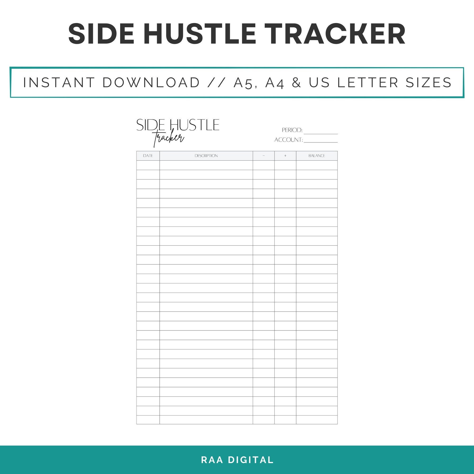 Expense Tracker Printable Side Hustle Tracker Business Expense Insert Financial A4, A5, Usletter ...