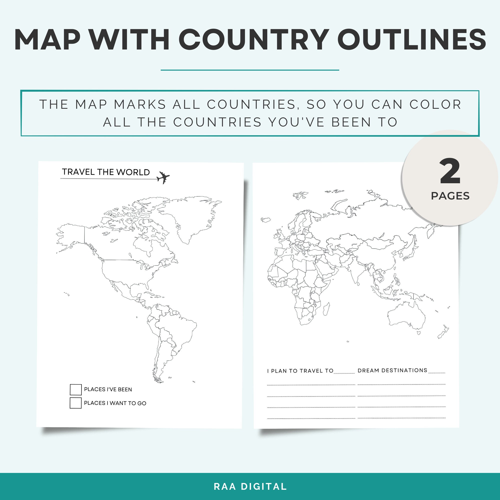 Blank Outline World Map Printable, Bucket List Travel Map, Travel Map ...