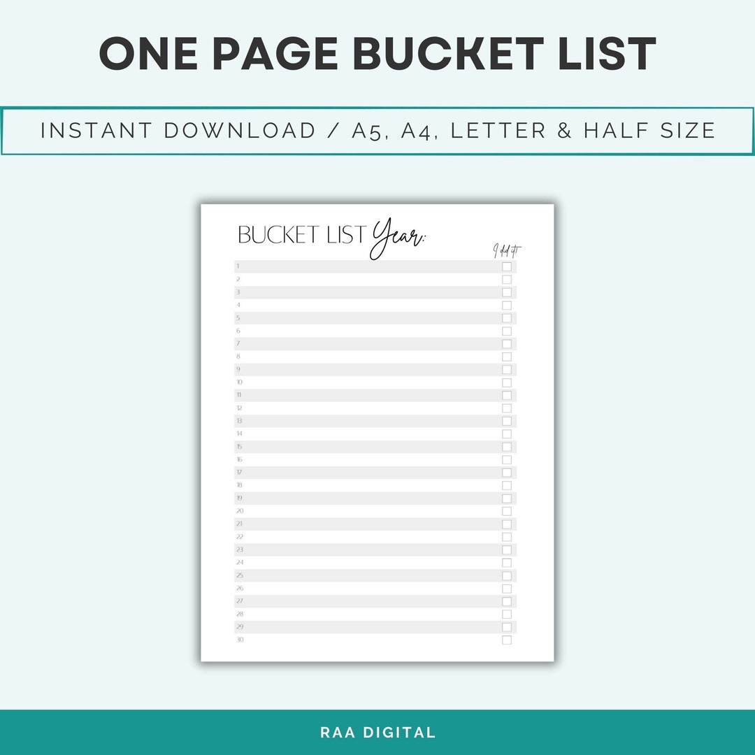 Printable Bucket List: Life Goals, Travel Plans (instant Download PDF ...