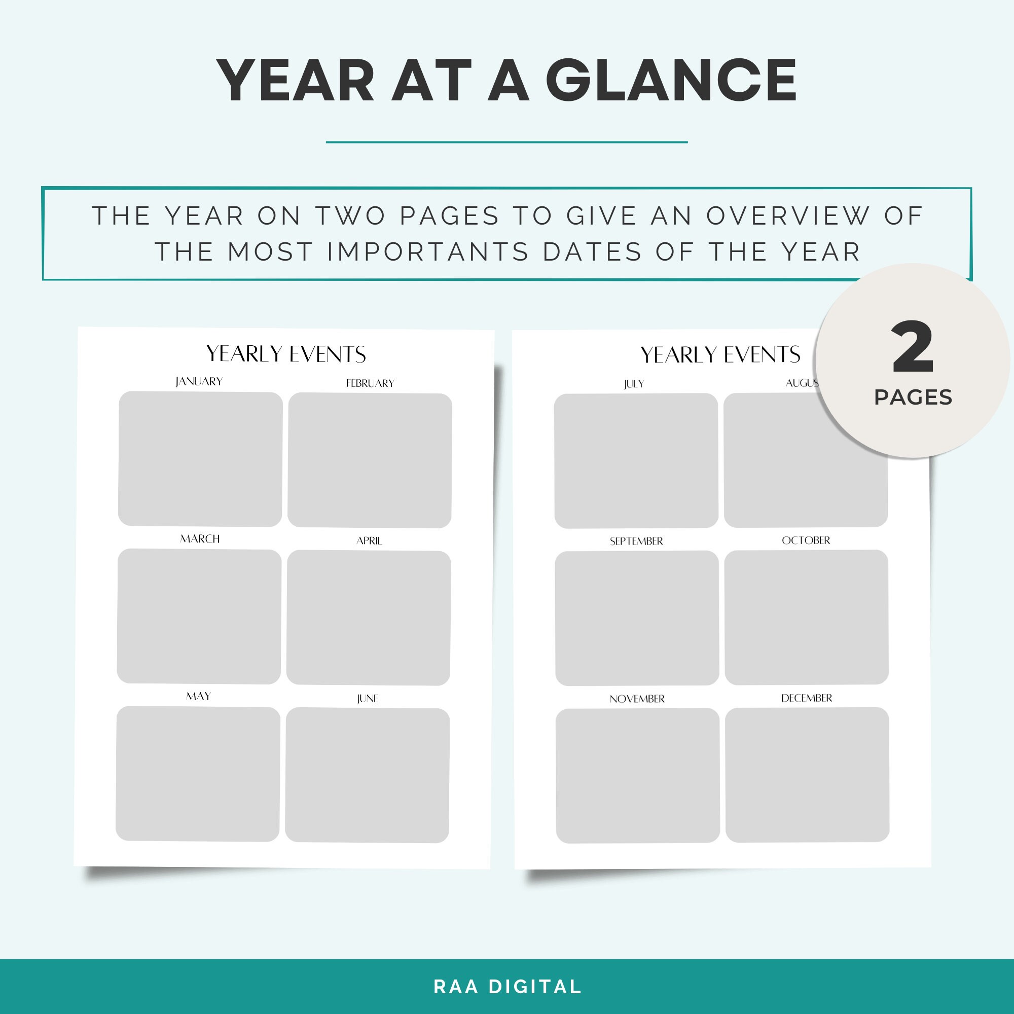 Yearly Events, Year at a Glance Overview, A4, A5, Letter and Half ...