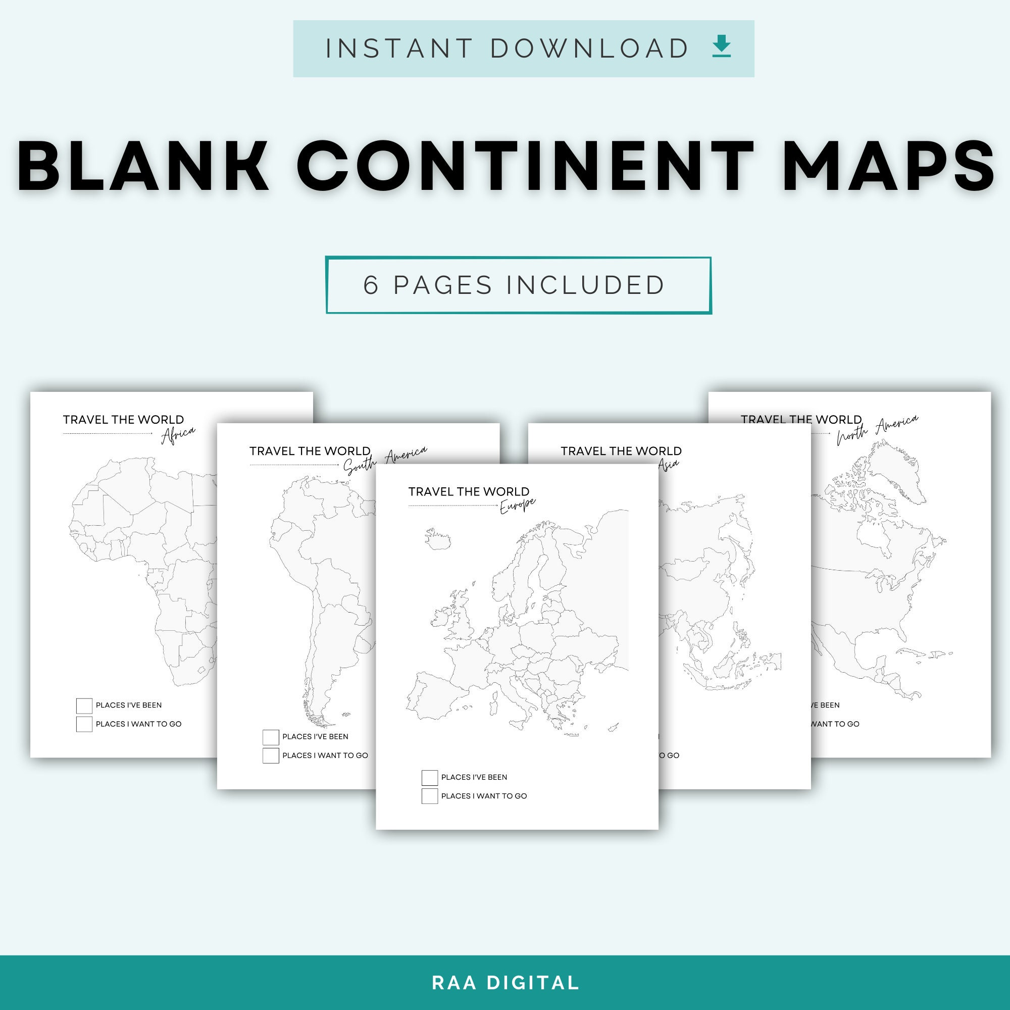Blank Continent Outline Maps: Travel Tracker, Map of the World (PDF ...
