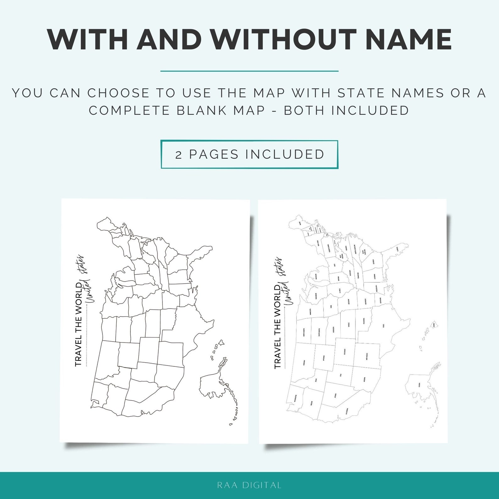 Blank US States Map: Color-in Travel Tracker, 2 Versions United States ...