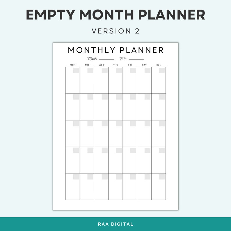 Undated Monthly Planner Printable, Empty Month, Blank Monthly Plan, A4 ...