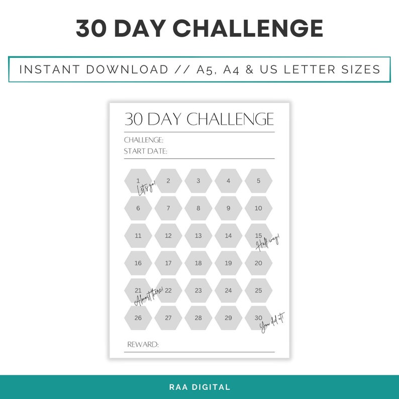 30-day Challenge Tracker Printable Savings Challenge Habit Tracker A4 ...