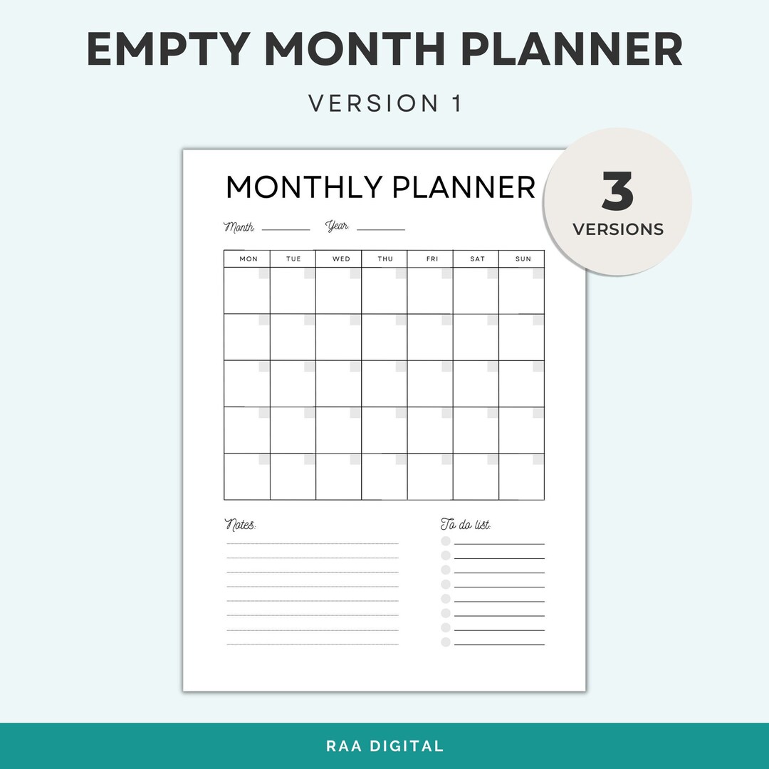 Undated Monthly Planner Printable, Empty Month, Blank Monthly Plan, A4 ...