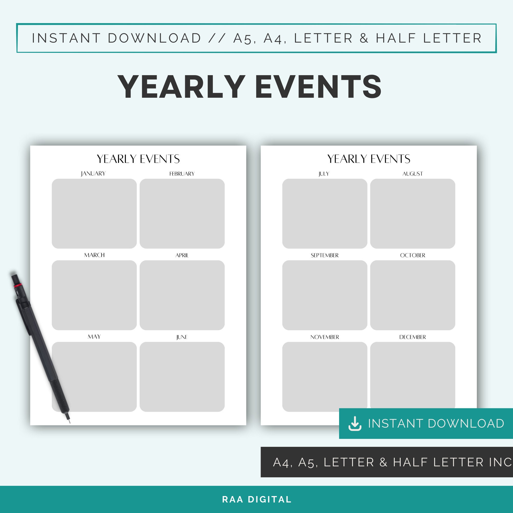 Yearly Events, Year at a Glance Overview, A4, A5, Letter and Half ...