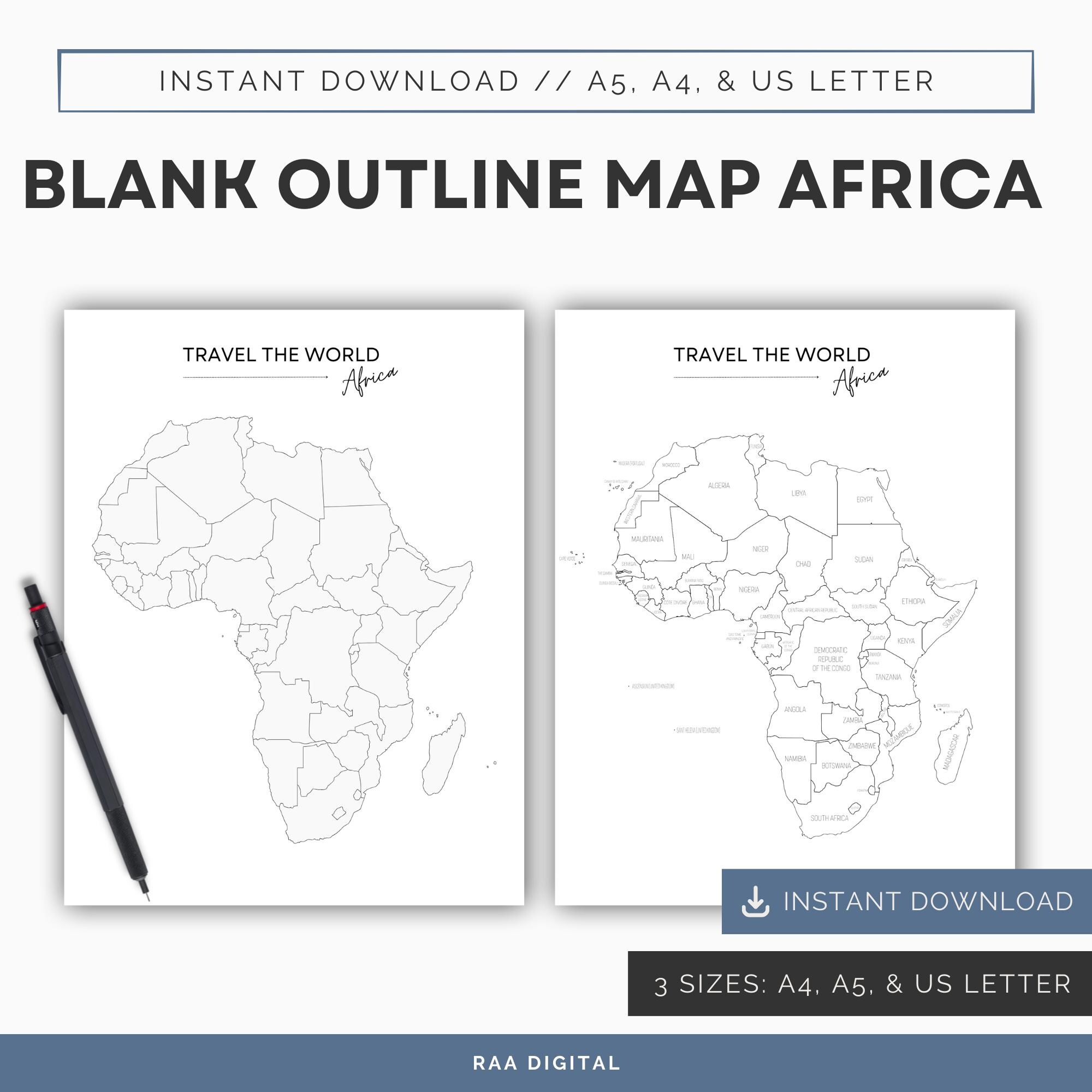 Africa Blank Outline Map Printable, Labeled & Clear Versions, Travel ...