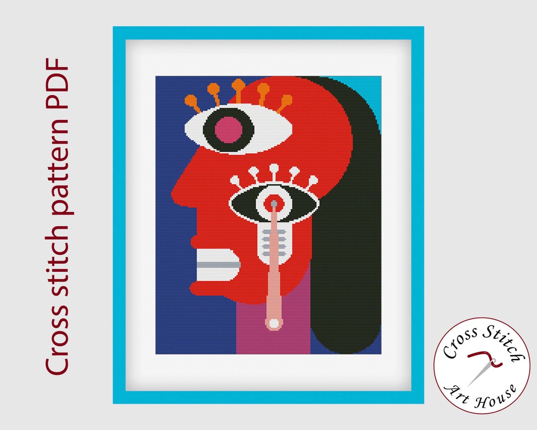 Cross Stitch Pattern of Assymetric Female Male Face, Abstract Portrait ...