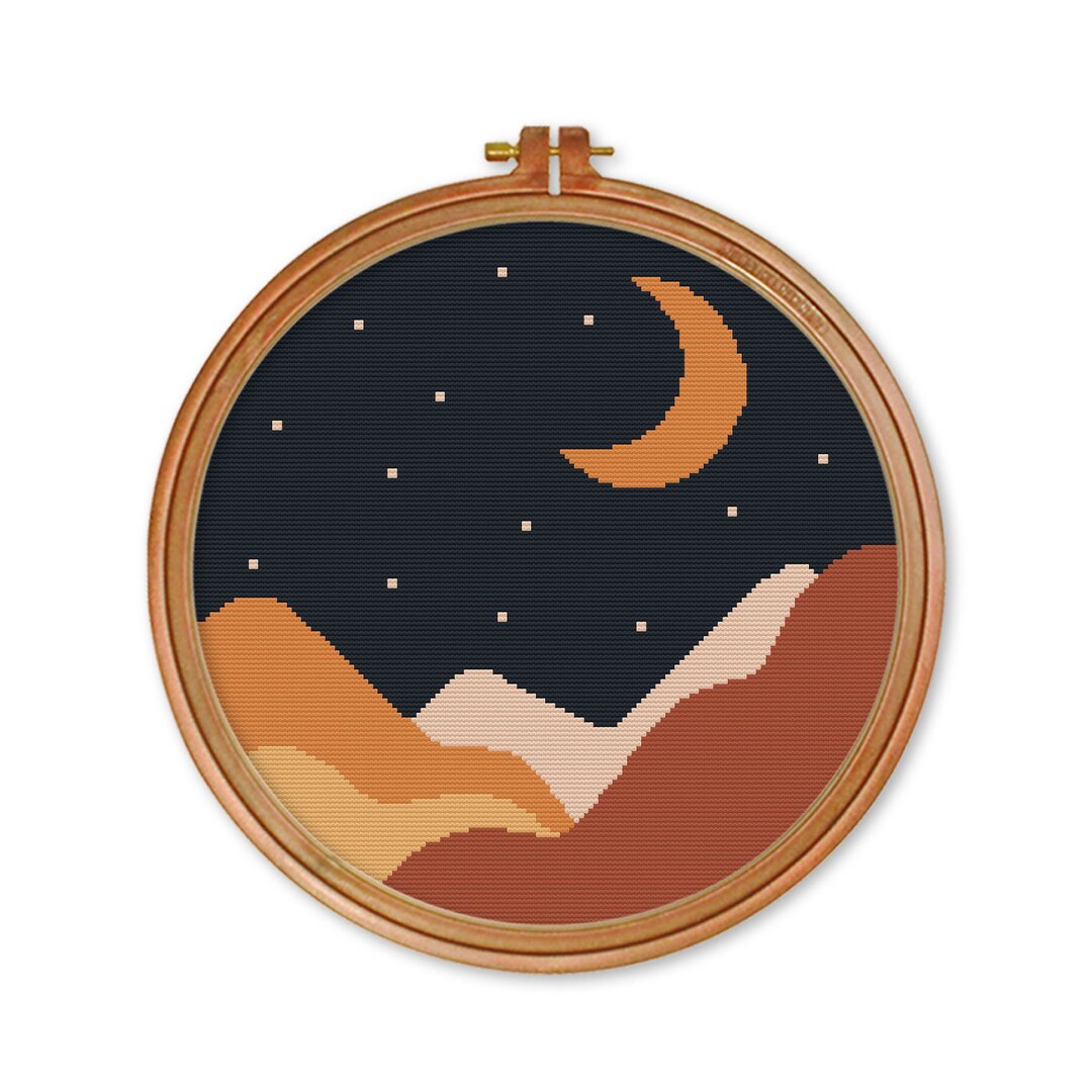 Round Mountains and Moon Cross Stitch Pattern – Full-coverage Counted ...