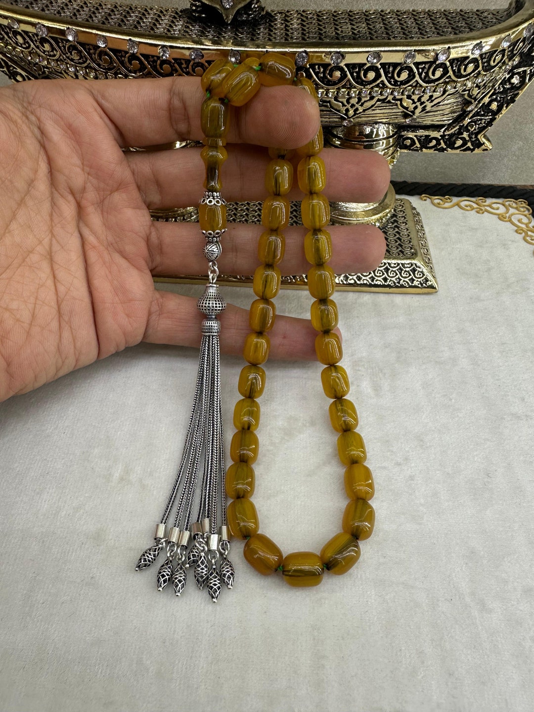 Honey Color Amber Tasbih, 925 Silver Special Tassel, Luxury Amber Beads ...