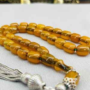 Honey Color Amber Tasbih, 925 Silver Special Tassel, Luxury Amber Beads ...