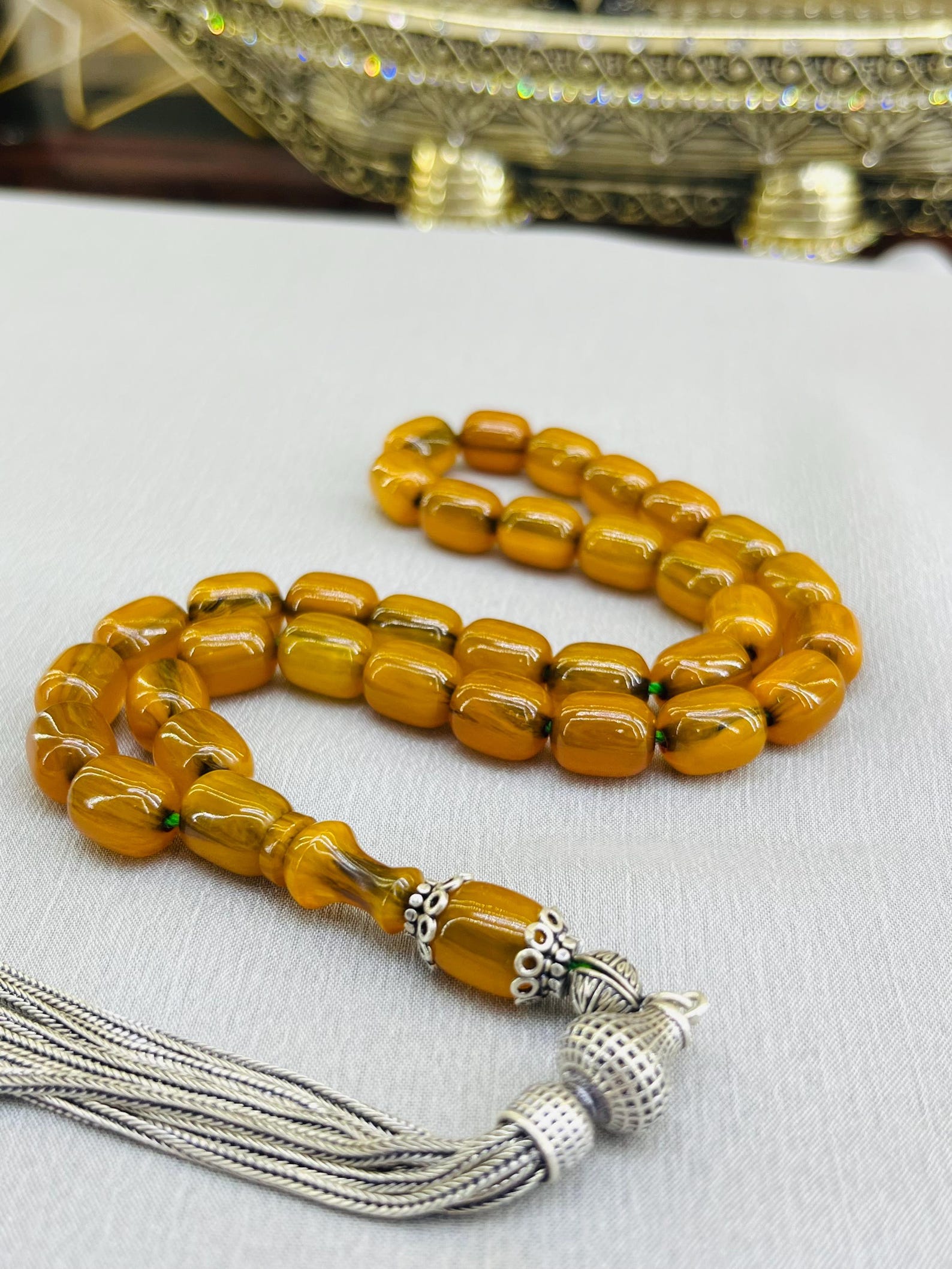 Honey Color Amber Tasbih, 925 Silver Special Tassel, Luxury Amber Beads ...