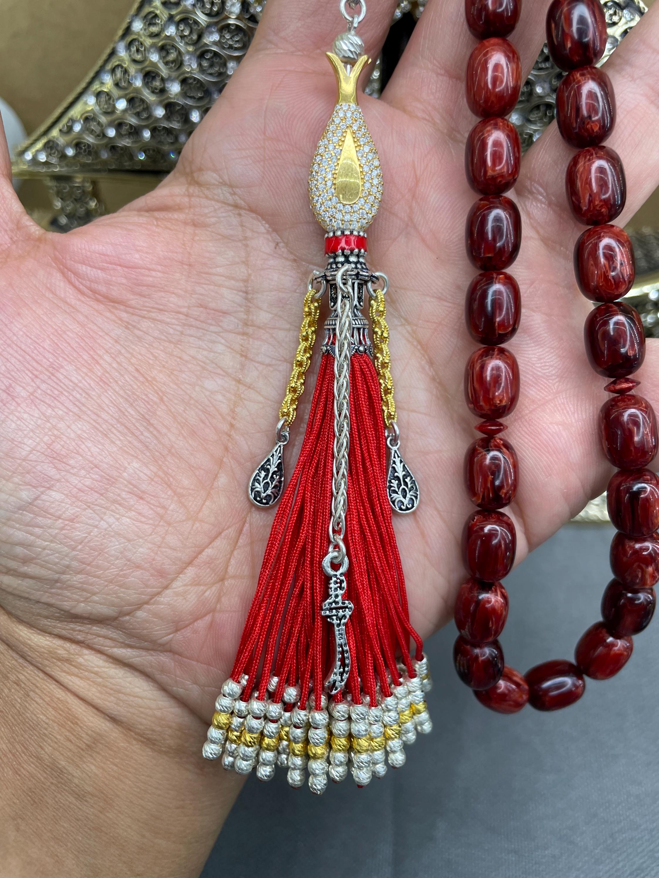 Red Tasbih, İslamic Rosary, Muslim Beads, Faturan Amber, Misbaha, 925 K ...