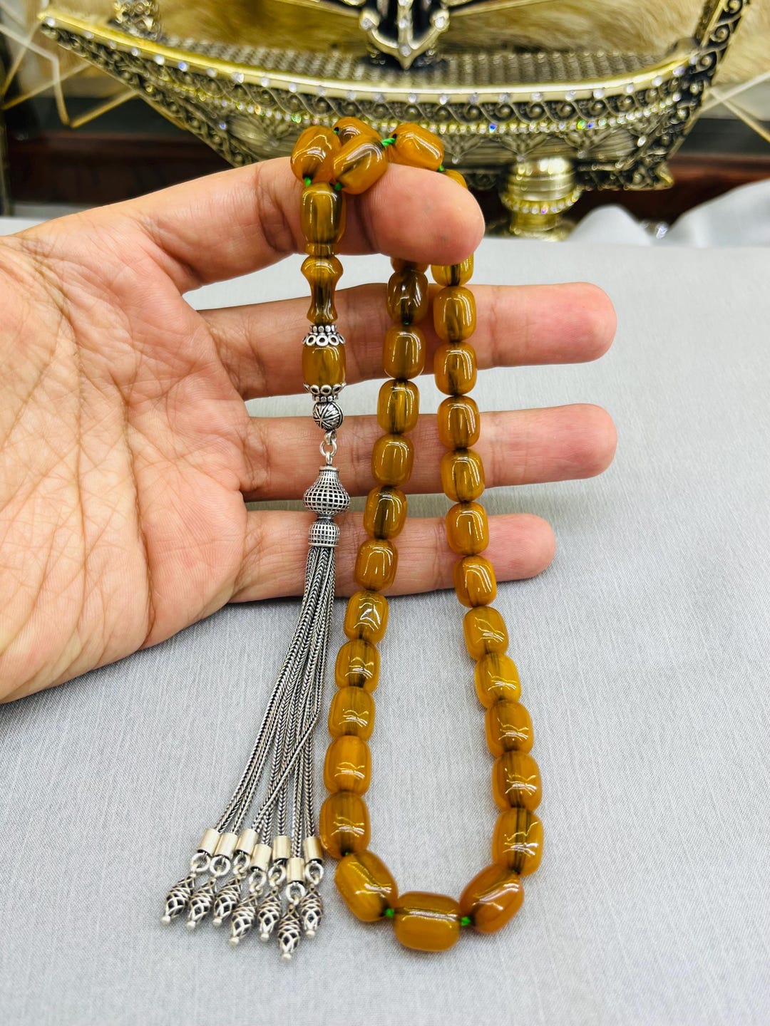 Honey Color Amber Tasbih, 925 Silver Special Tassel, Luxury Amber Beads ...
