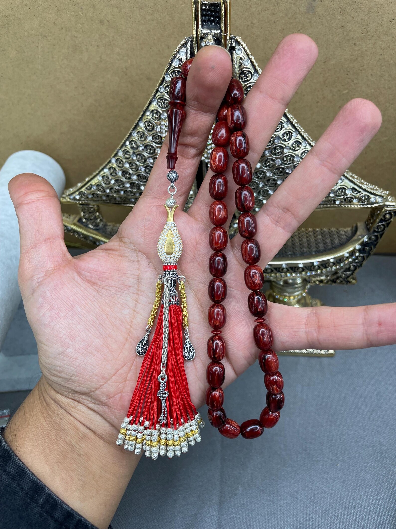 Red Tasbih, İslamic Rosary, Muslim Beads, Faturan Amber, Misbaha, 925 K ...