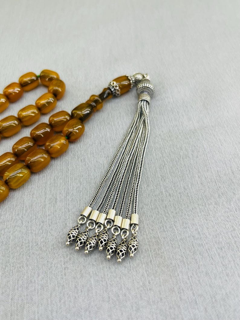 Honey Color Amber Tasbih, 925 Silver Special Tassel, Luxury Amber Beads ...