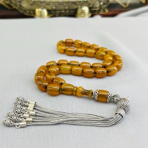 Honey Color Amber Tasbih, 925 Silver Special Tassel, Luxury Amber Beads ...