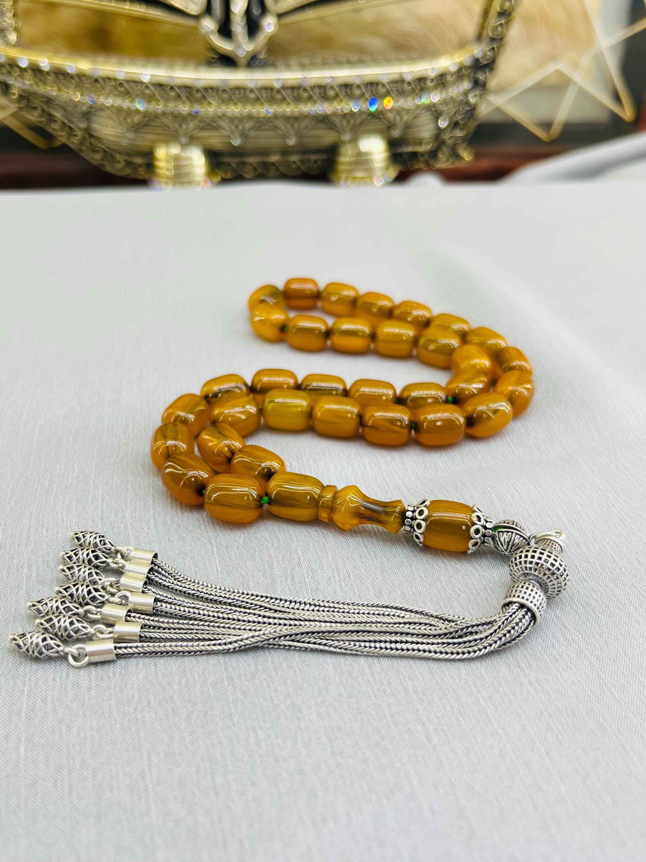Honey Color Amber Tasbih, 925 Silver Special Tassel, Luxury Amber Beads ...