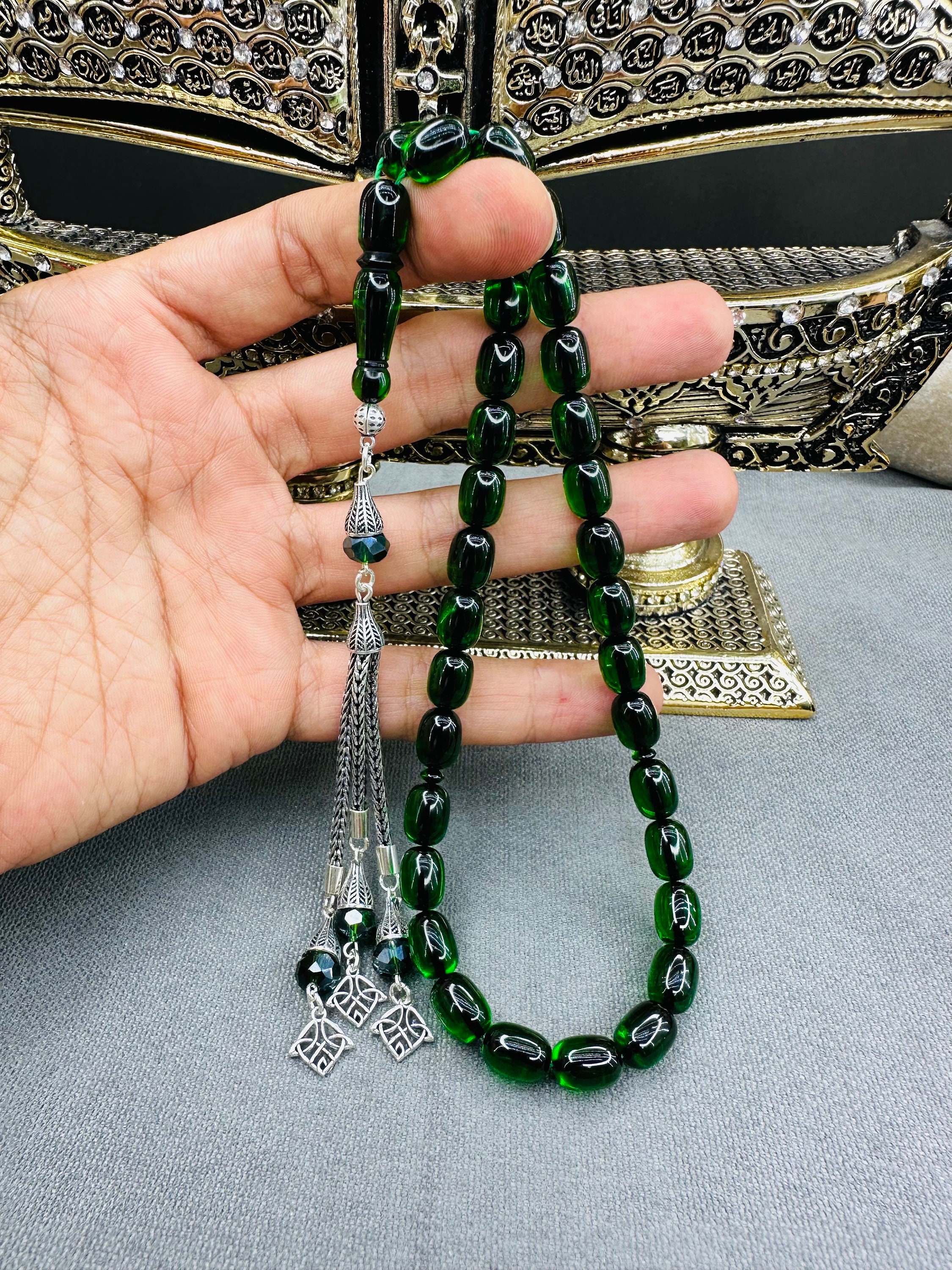 Green Tasbih, İslamic Rosary, Muslim Beads, Faturan Amber, Misbaha ...