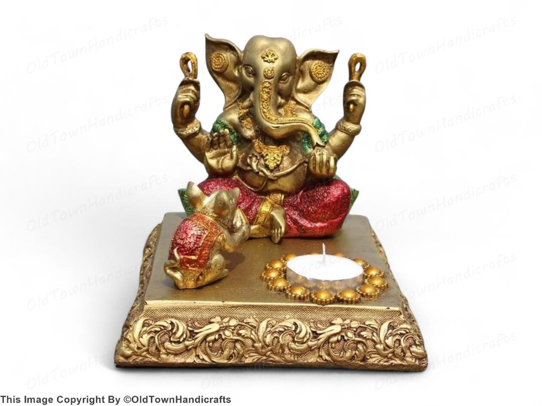 Ganesh With Mushak on Stand & Candle Holder Multicolor Ganesha Statue ...
