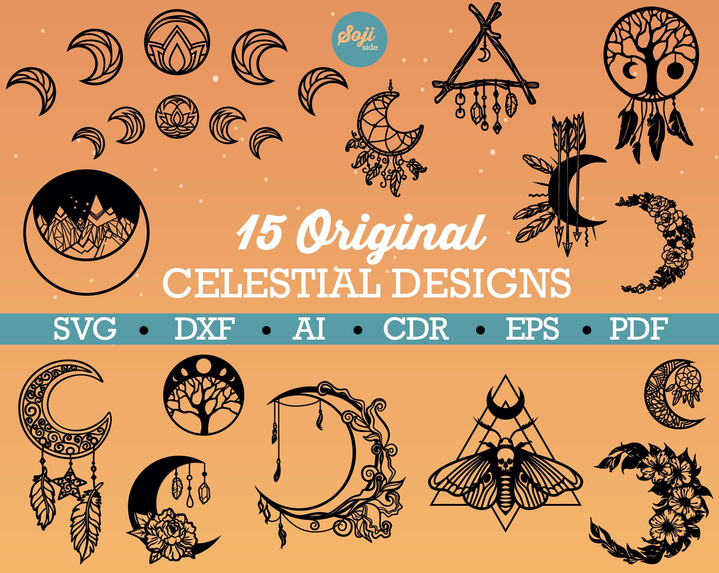 Celestial Svg Bundle Crescent Mandala Dxf Laser Cut Files Floral ...