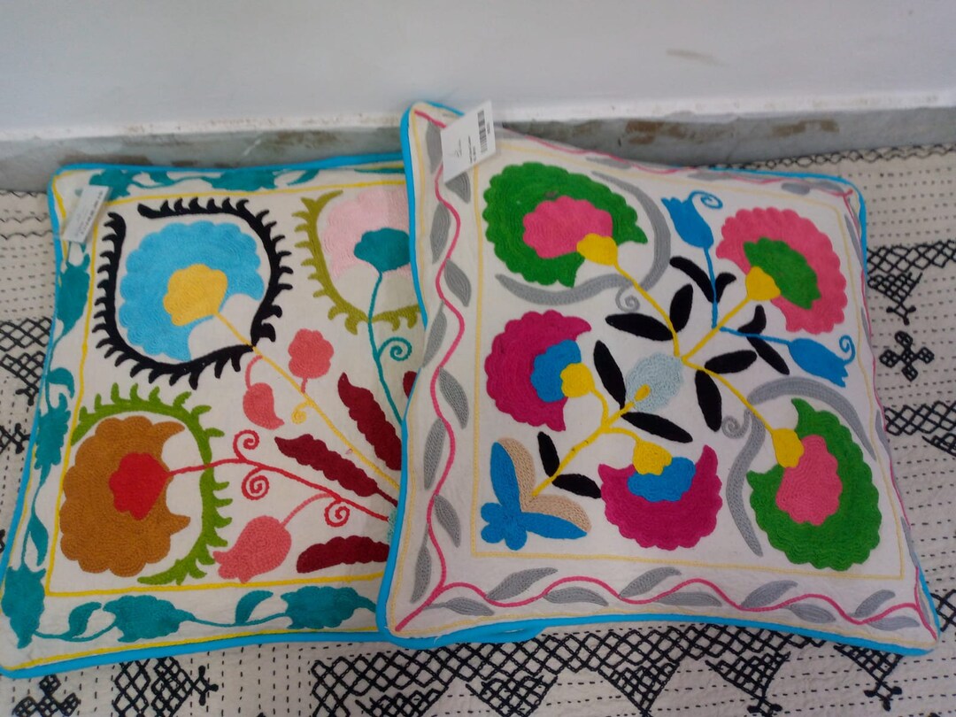 Blue Chintamani Pillow Cover, Ikat Cotton Pillow, Floral Pillowcase ...