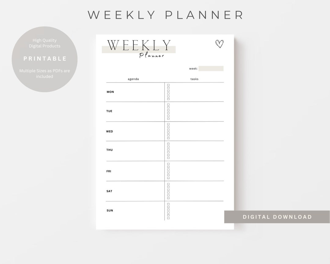 Weekly Planner Printable Minimal Calendar A4 and A5 Digital Download ...