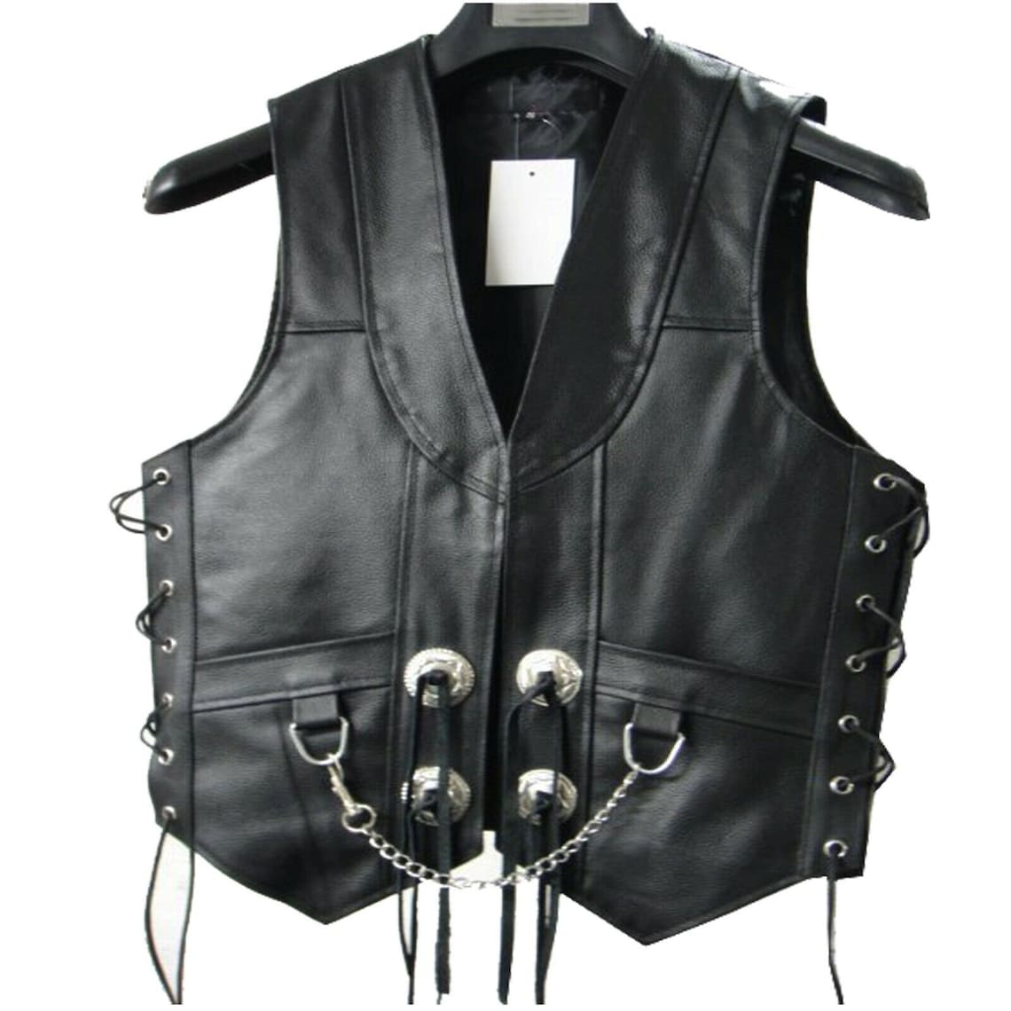 Men's Black Leather Fringed Concho Chain Vest Motorcycle Biker Vest S ...