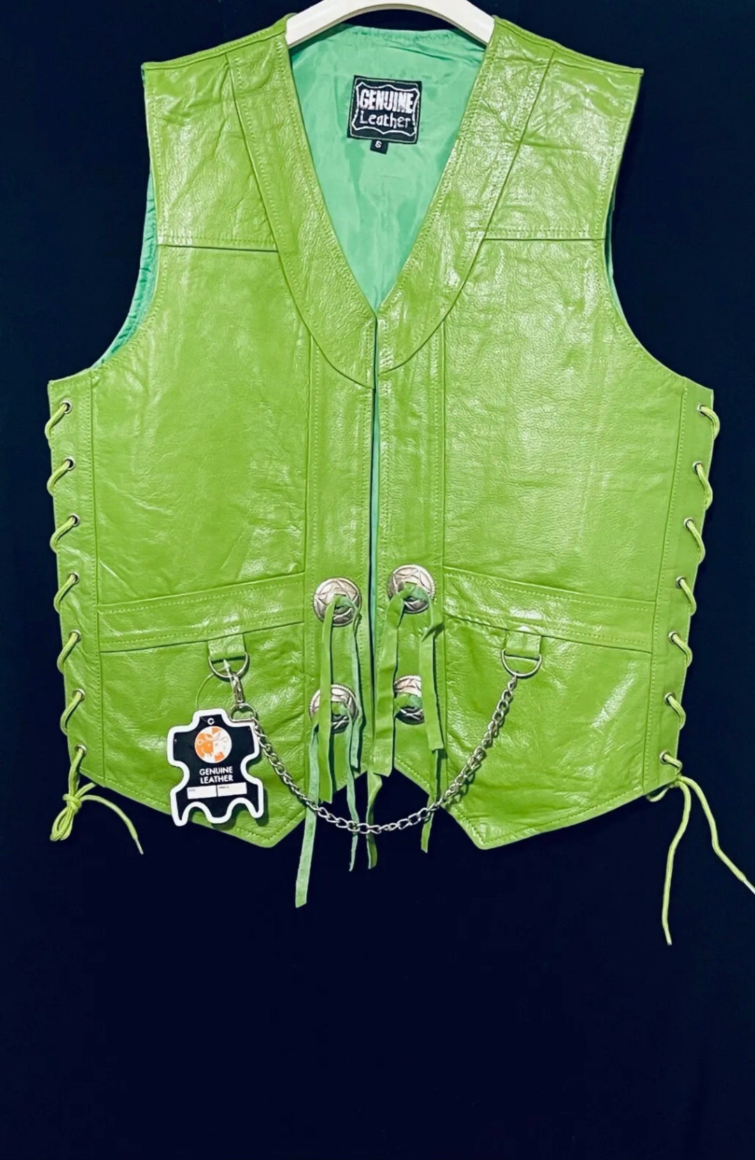 Men's Green Leather Fringed Concho Chain Vest Motorcycle Biker Vest S ...