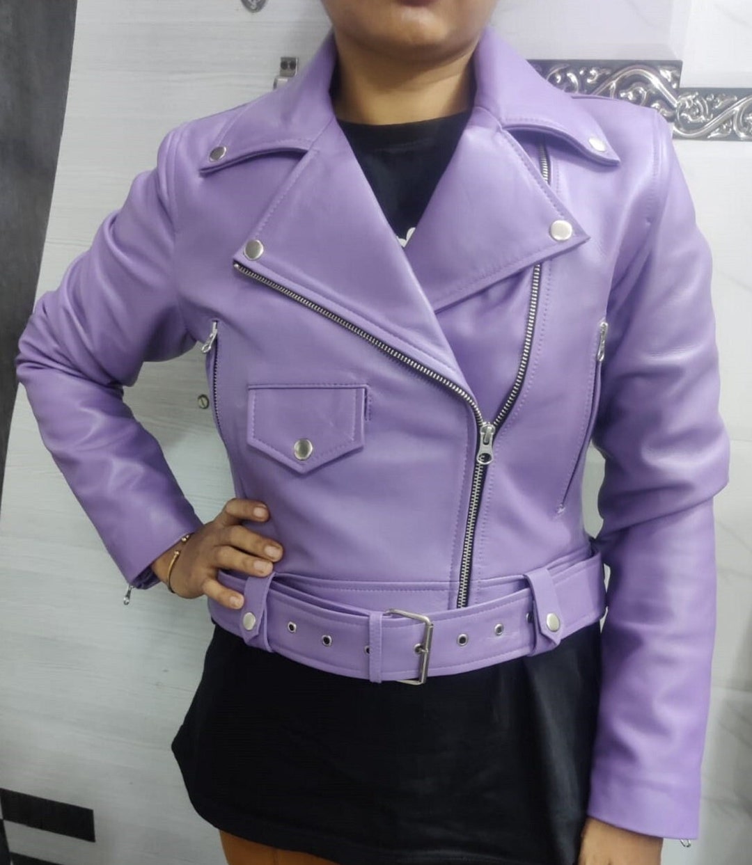 Womens & Girls Real High Quality Lambskin LAVENDER Leather CROPPED ...