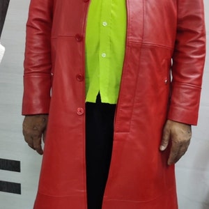 Mens Lambskin Red Leather Trench Coat | Classic Trench Coat | Celebrity ...