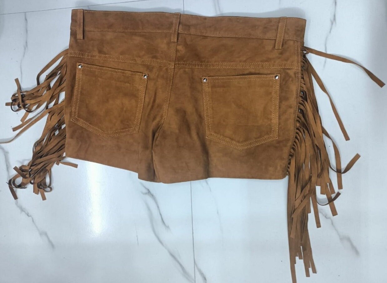 SUEDE LEATHER SHORTS Women Tan Brown Fringe Leather Nicker & Short ...