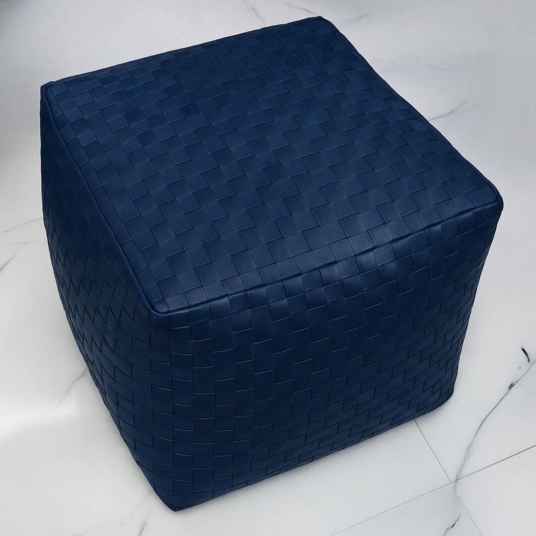 Handmade Moroccan Leather Pouf – Hand-stitched Square Ottoman, NAVY ...