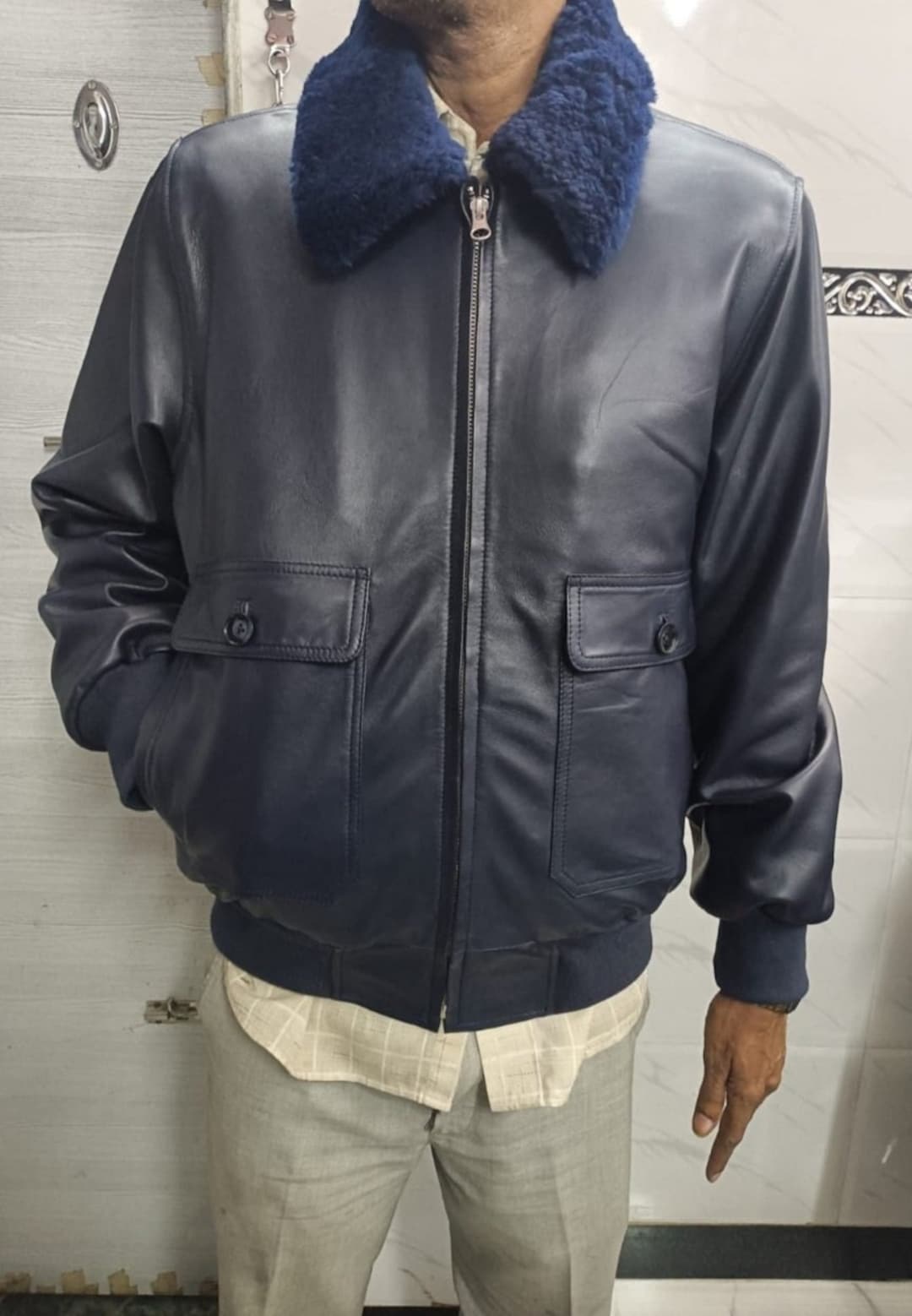 Mens Real Lambskin Leather Jacket NAVY BLUE, Inspired by G-1 Aviator ...
