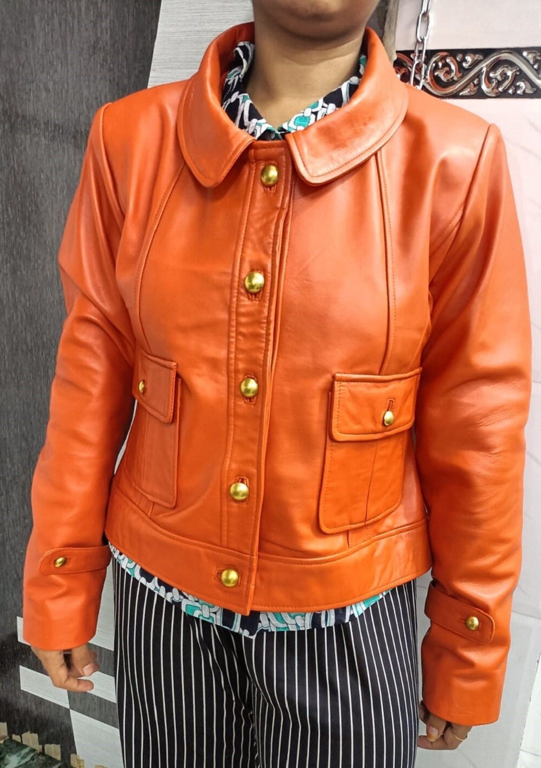 Womens Lambskin Leather Orange Shirt | Real Leather Jacket in ORANGE ...