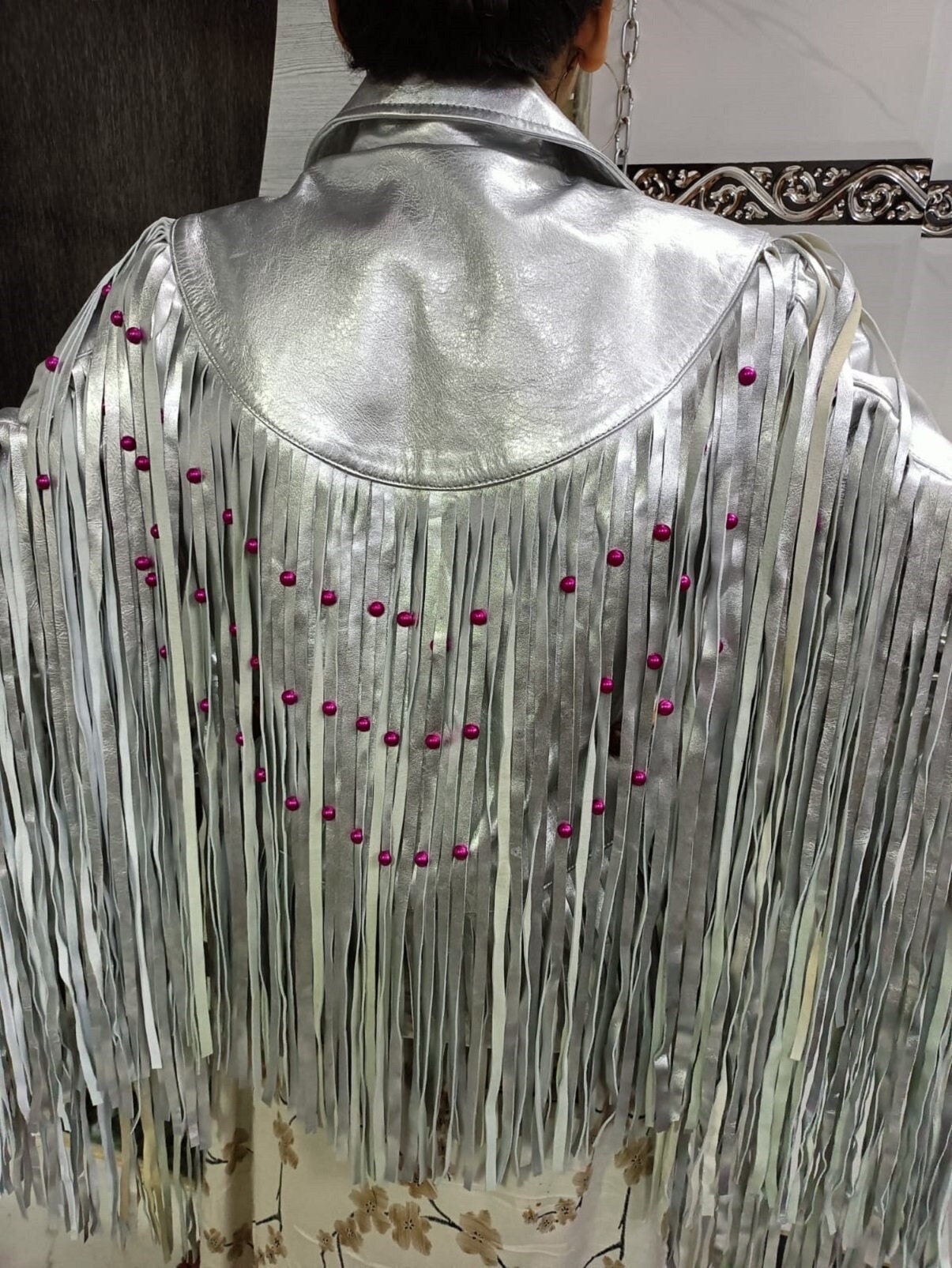 Womens Lambskin Metallic SILVER Leather Tassel Jacket, Western Style ...