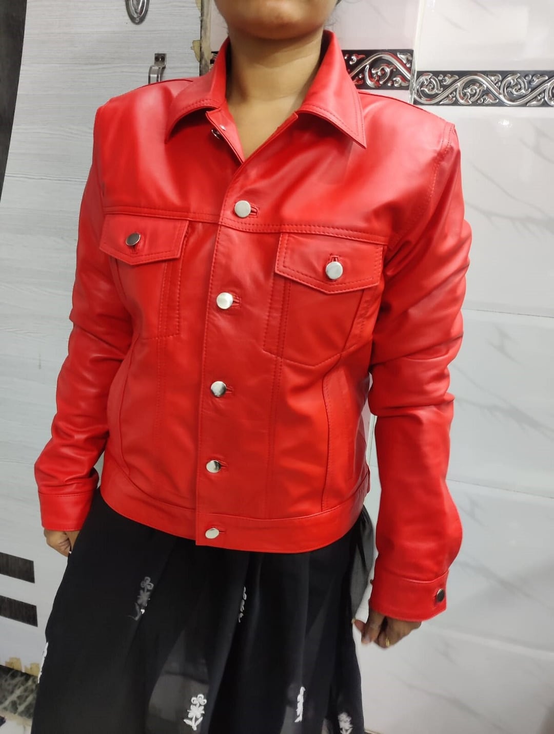 Womens REAL Lambskin RED Leather Shirt, Trucker LEATHER Shirt ...