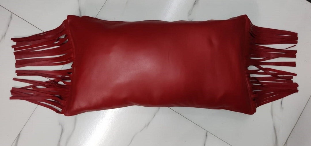 RED Lambskin Leather Pillow Cover | RECTANGLE With Side Fringe Cushion ...