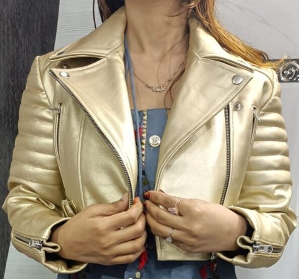 Women Lambskin Gold CROPPED Leather Jacket Motor Bolero - Etsy