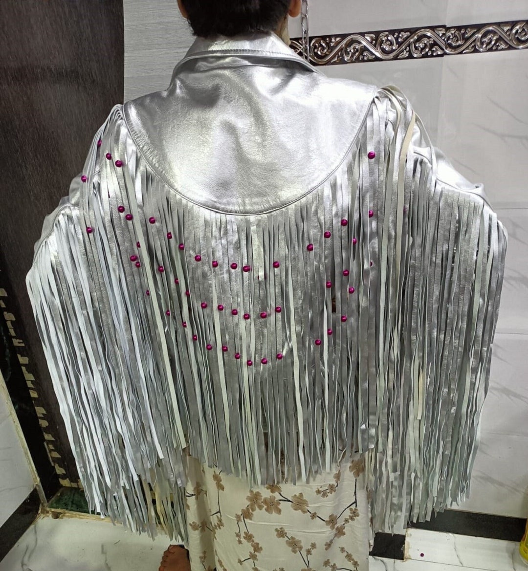 Womens Lambskin Metallic SILVER Leather Tassel Jacket, Western Style ...