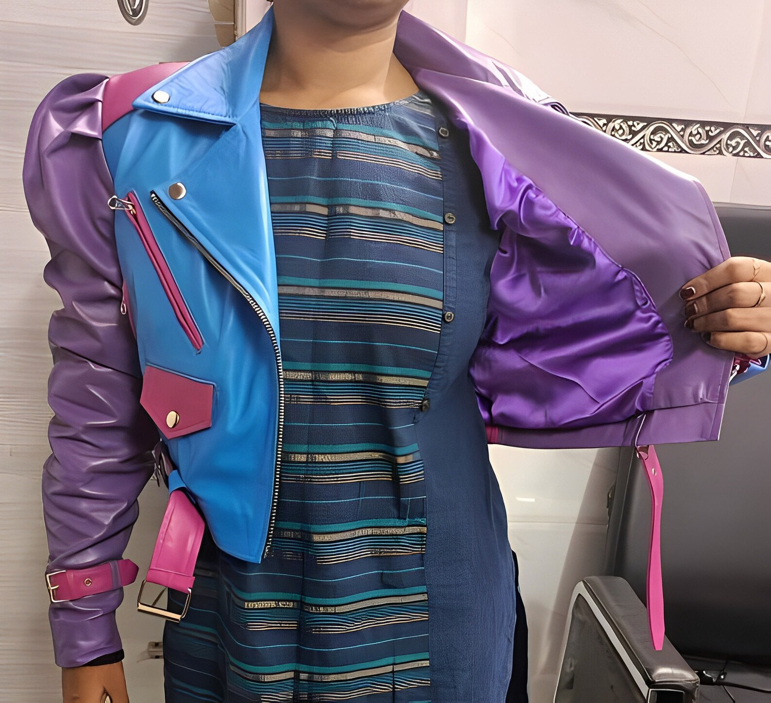 Womens MULTI-COLOR Blue, Pink, Lavender Biker Leather Crop Jacket ...
