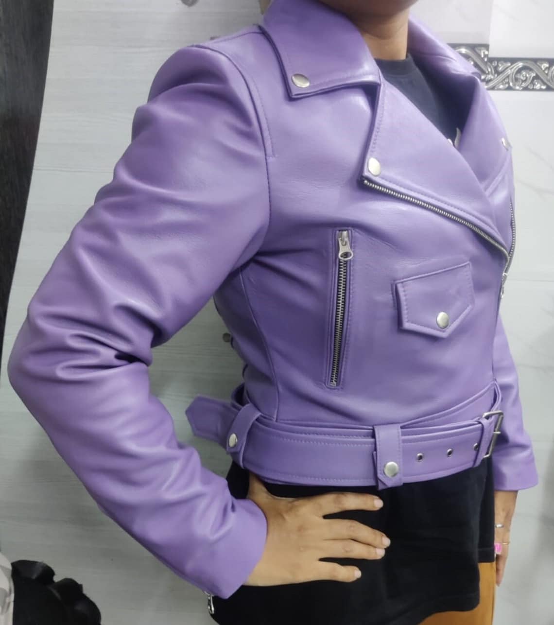 Womens & Girls Real High Quality Lambskin LAVENDER Leather CROPPED ...