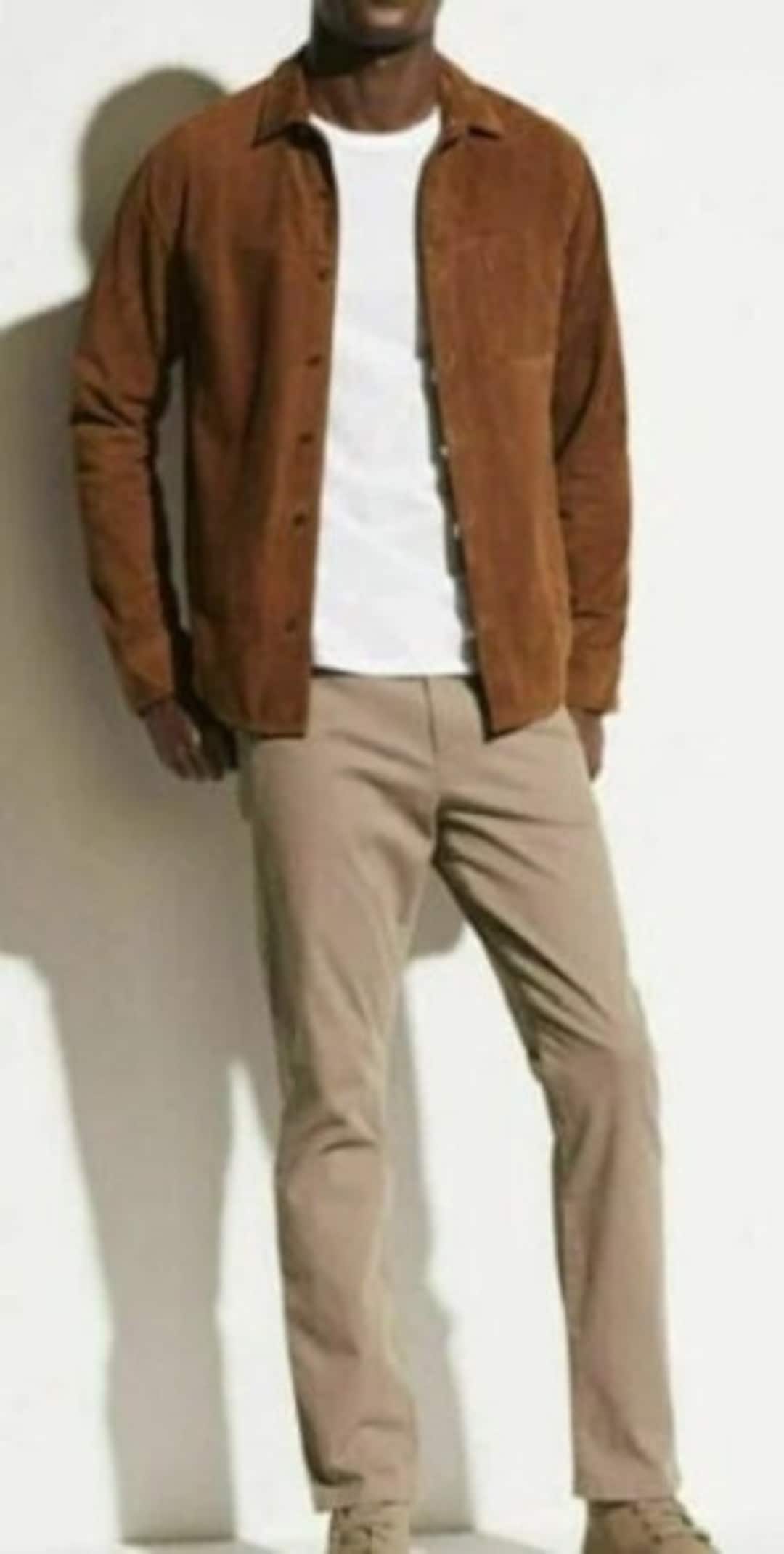 Camisa de ante marrón para hombre Real LAMBSKIN Soft TRUCKER Camisa ...