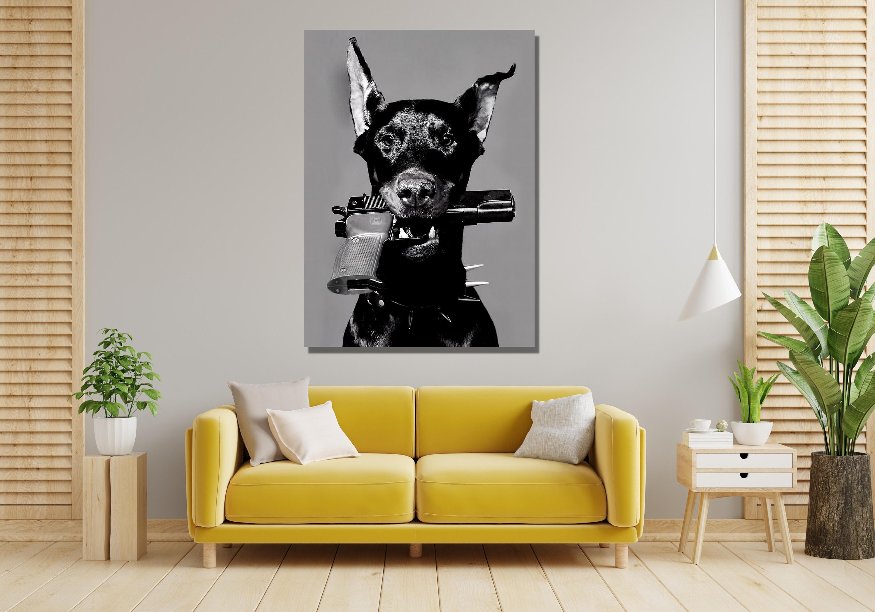 Doberman Dog With Pistol Print,doberman Poster,dog With Gun Canvas Wall ...
